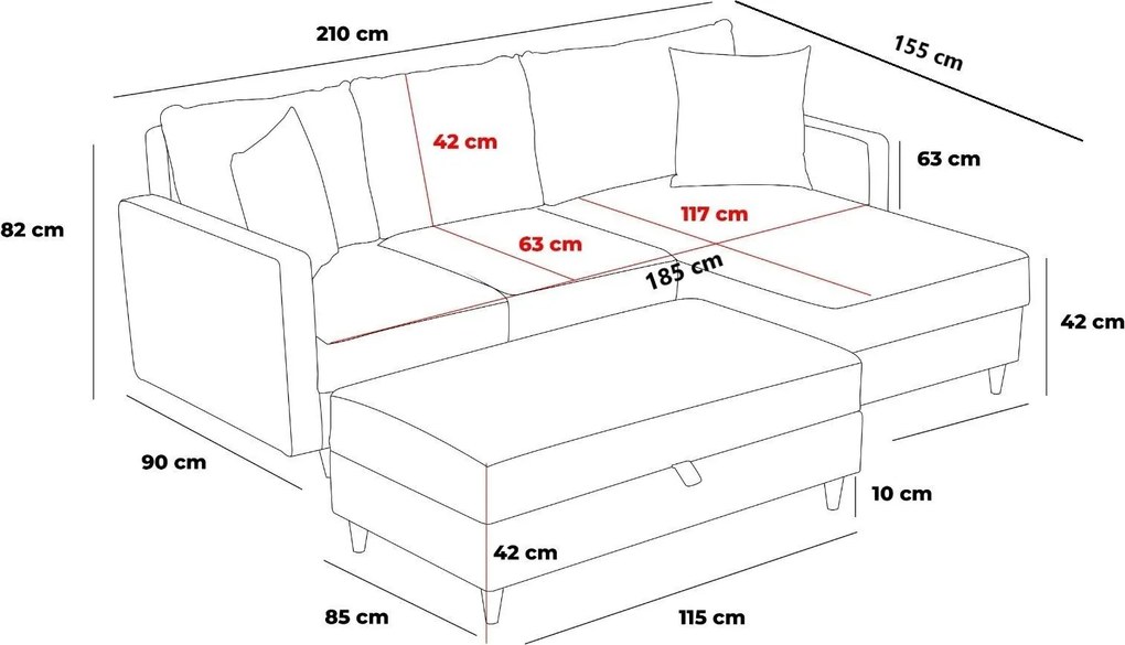 Rohová sedací souprava Eva 210 cm s taburetem antracitová levá