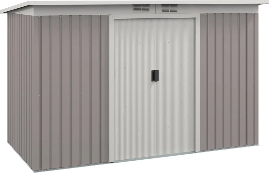 Outsunny Zahradní domků 3,2 m² 280x130x172 cm se posuvnými dveřmi a šikmou střechou Zpevněný základ (podlaha prodávána samostatně) a 2 okny Světle šed