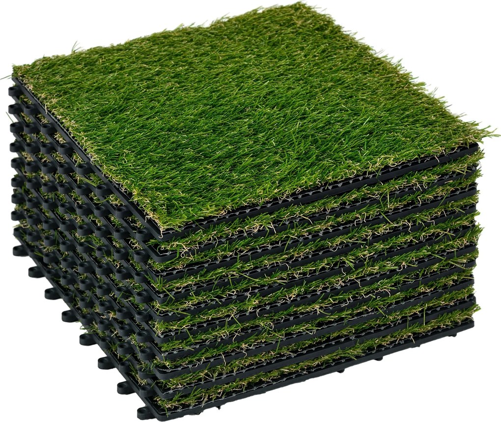 Outsunny 10-dílný umělý trávník 30x30 cm s výškou trávy 20 mm, odolný proti UV záření, pro zahradu, terasu a balkon, tmavě zelený | Aosom