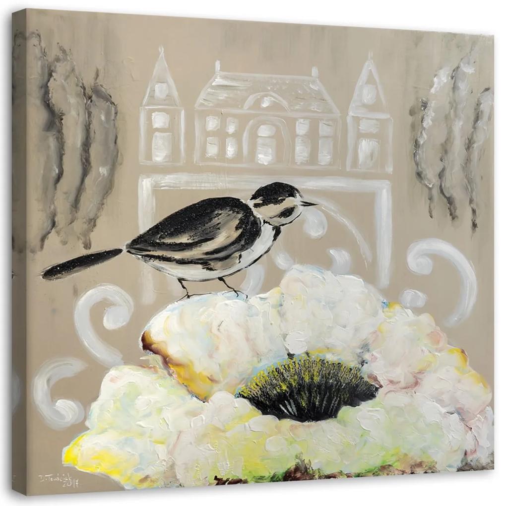 Obraz na plátně Květiny Pták Pastelová béžová - 50x50 cm