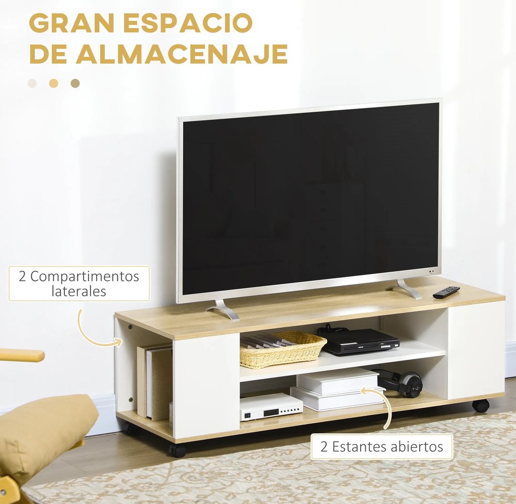 HOMCOM TV Stojan na Kolečkách - Nástěnný TV Stojan s 2 Úložnými Policemi pro Televize do 139 cm - 120x40x38,5 cm