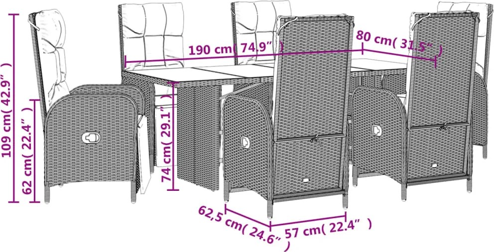 7dílný zahradní jídelní set s poduškami černý polyratan 3213530