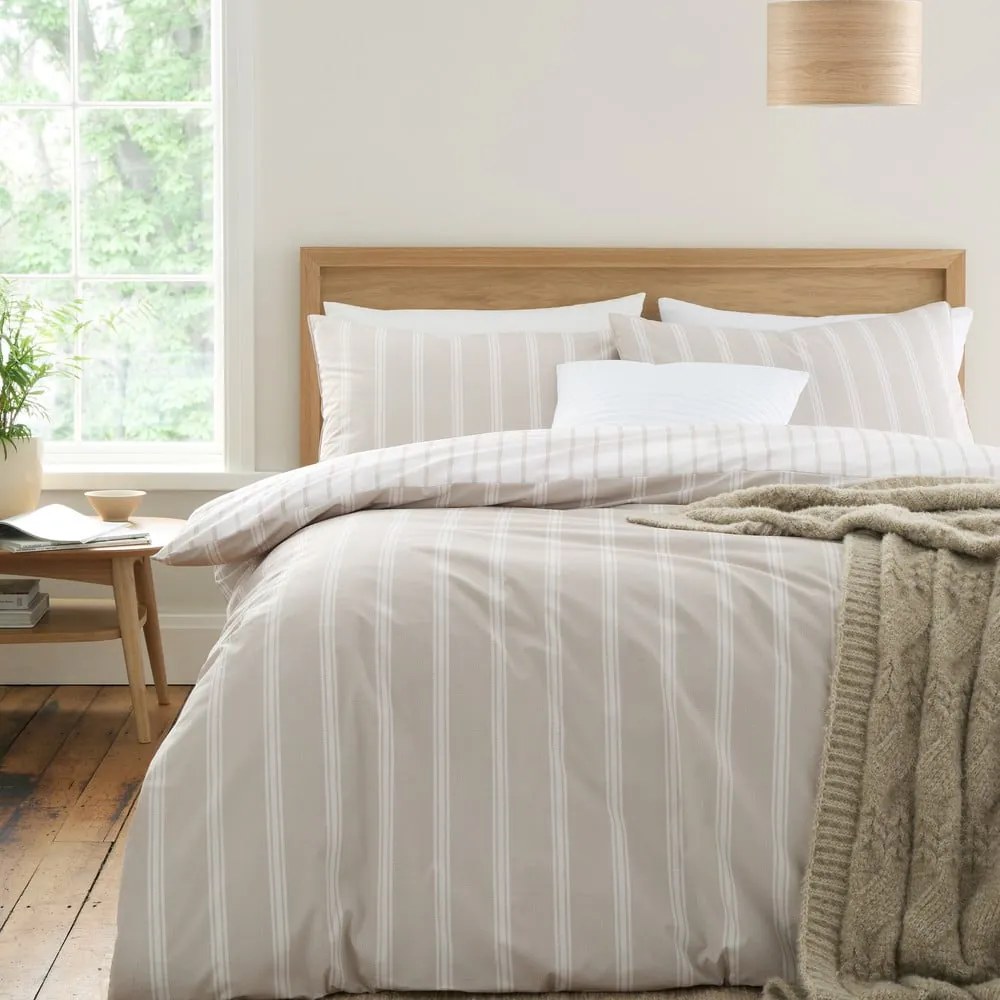 Béžové bavlněné povlečení na dvoulůžko 200x200 cm Ashford Stripe – Bianca