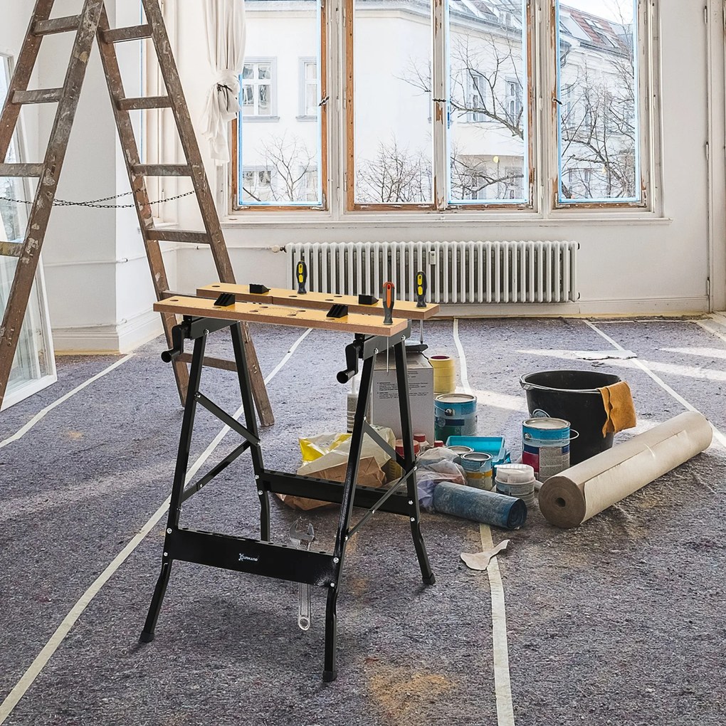 Skládací pracovní stůl DURHAND s hmoždinkami a 2 kličkami jako podpěra s nosností 100 kg, 60,5 x 62,5 x 78,5 cm - Přirozená a Černá