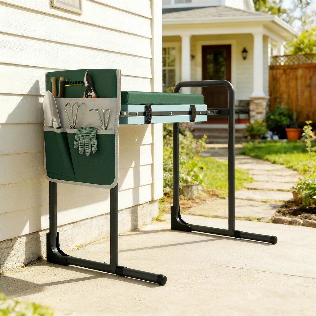 Outsunny skládací zahradní podložka a stolička s kolenní podložkou, kapsou na nářadí a nastavitelnými nohami — nosnost 150 kg, 60,5 × 29 × 50 cm, zel…