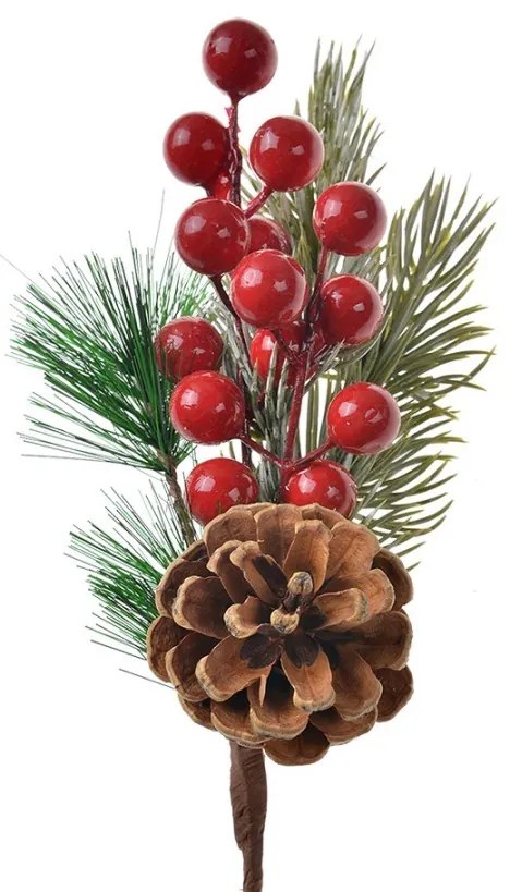 Dekorace zápich vánoční větvička se šiškou - 10*6*25 cm