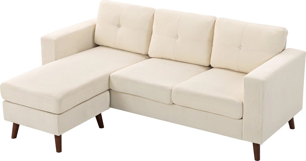 HOMCOM 3místná rohová sedačka L s přestavitelným chaiselongem, manšestrové čalounění — krémově bílá (192 × 137 × 84 cm) | Aosom