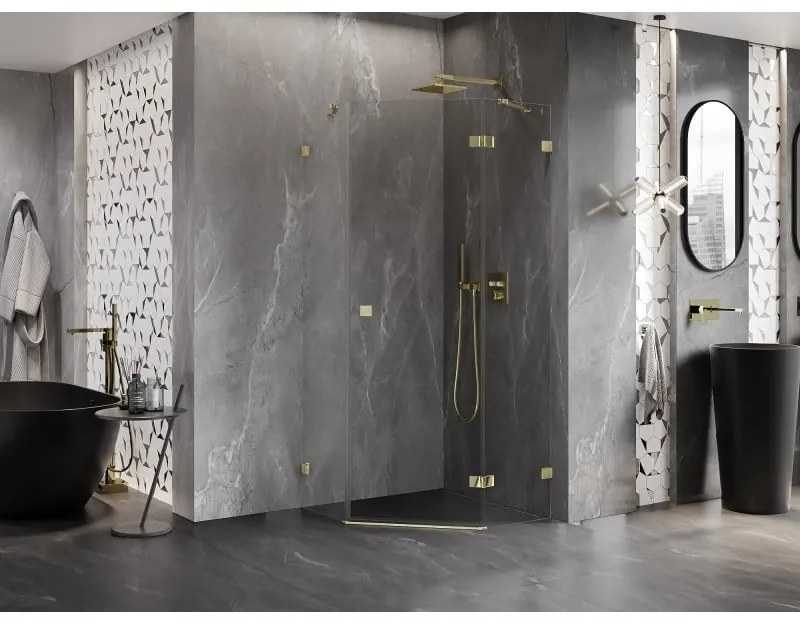 Mexen Lunar, pětiúhelníkový sprchový kout naklápěcí vpravo 80 x 80 cm, 8mm čiré sklo, zlatý profil, 831-080P-080L-50-00-P
