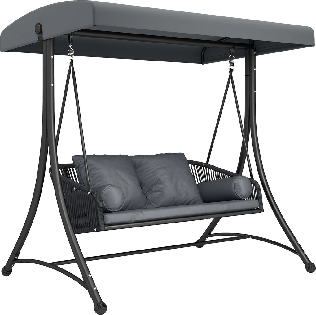 Outsunny ratanová houpačka Hollywood — 2místná zahradní lavice s nastavitelnou stříškou a polštáři, nosnost 240 kg, 178 × 120 × 172 cm | Aosom