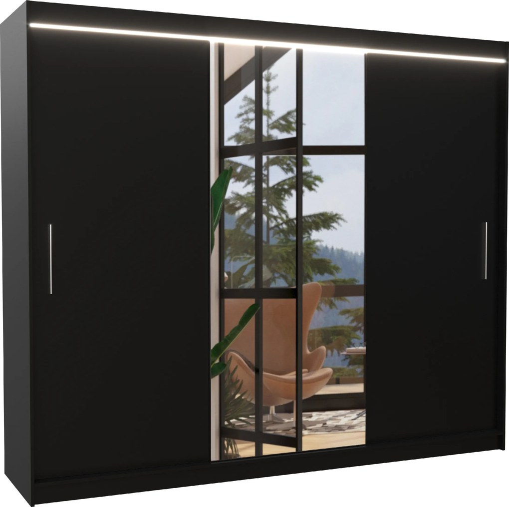 ADRK Furniture Posuvná skříň se zrcadlem a LED osvětlením DENIS 250 SW-DEN-B-250+L-V365
