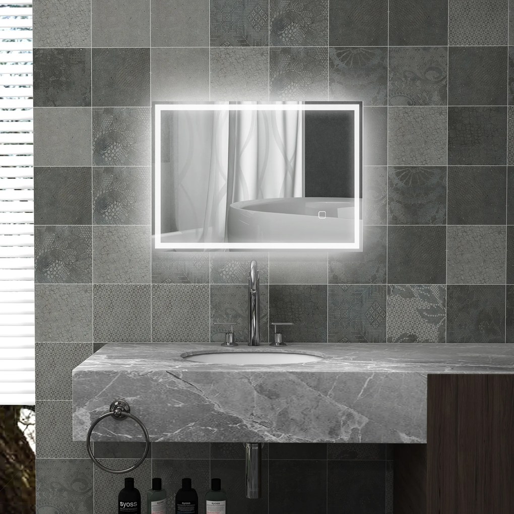 HOMCOM LED koupelnové zrcadlo 80x60cm, nástěnné, bez mlhy, s dotykovým spínačem, IP44 pro moderní koupelny