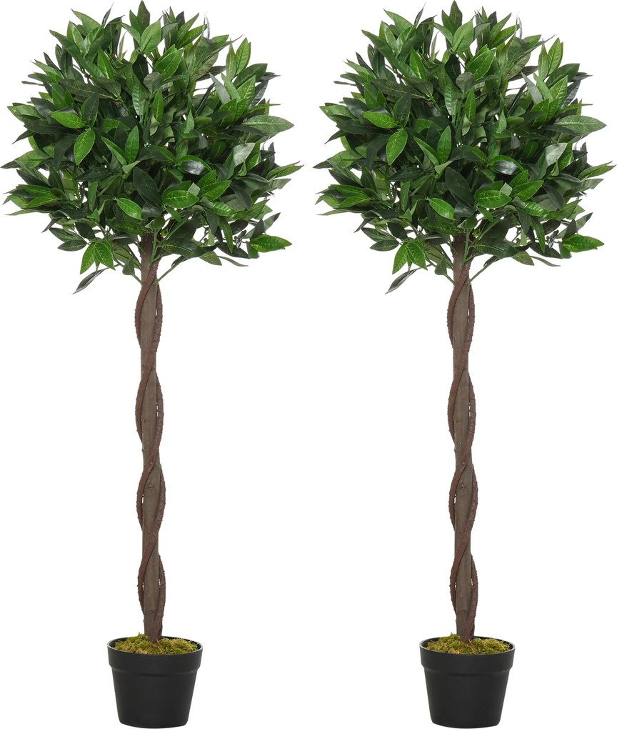 Sada 2 umělých vavřínových stromů Outsunny, 120 cm umělé rostliny v cementových květináčích, interiérové rostliny, umělé rostliny pro interiér a exte…