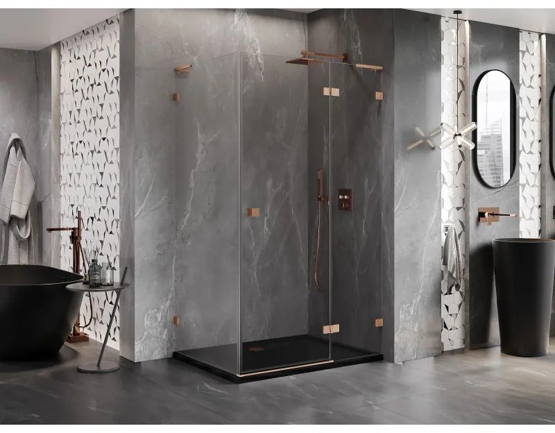 Mexen Lunar, L pravostranný výklopný sprchový kout 85 x 80 cm, 8mm čiré sklo, profil měděná matná, 834L-085-080-65-00-P