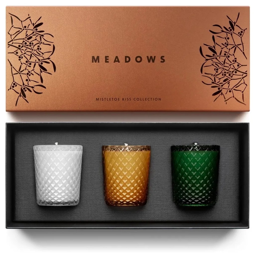 MEADOWS Dárková kolekce svíček Meadows - Mistletoe Kiss, zelená barva, oranžová barva, bílá barva, sklo, vosk