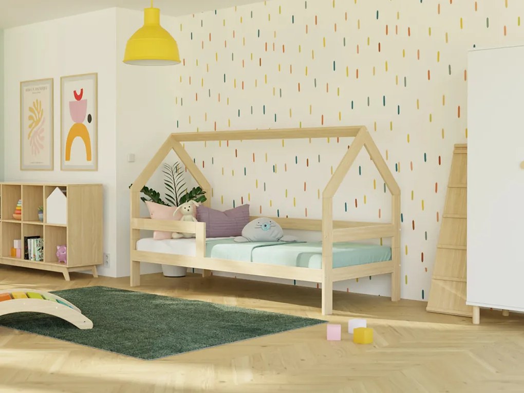 Benlemi Dětská dřevěná postel domeček SAFE 3v1 se zábranou Zvolte barvu: Béžová, Zvolte rozměr: 90x190 cm, Zvolte zábranu: S otevřeným vstupem