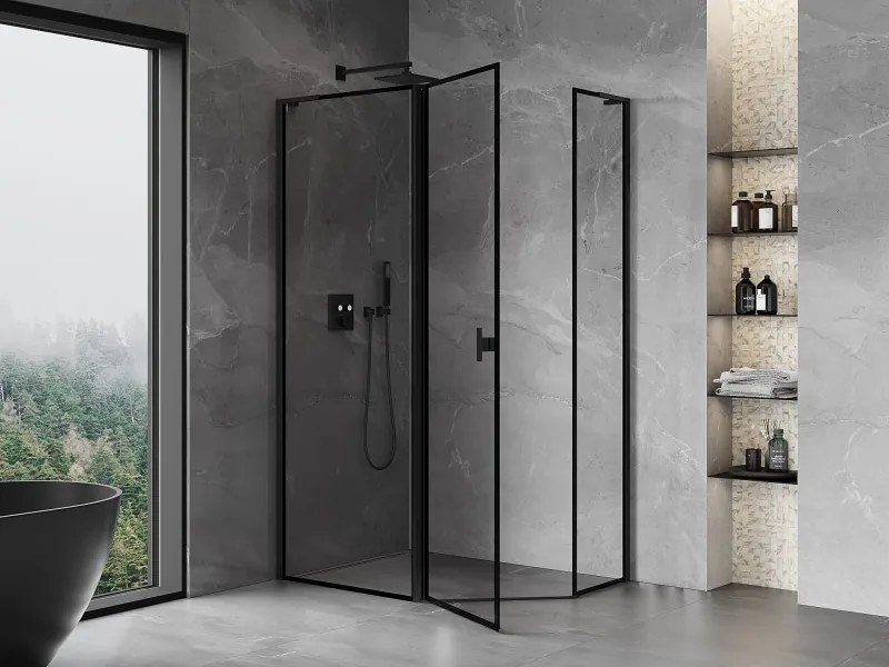 Mexen Mist L, pětiúhelníkový sprchový kout s křídlovými dveřmi, 90 x 80 cm, 8mm čiré sklo, černý profil, 8A8L-090-080-70-70-L