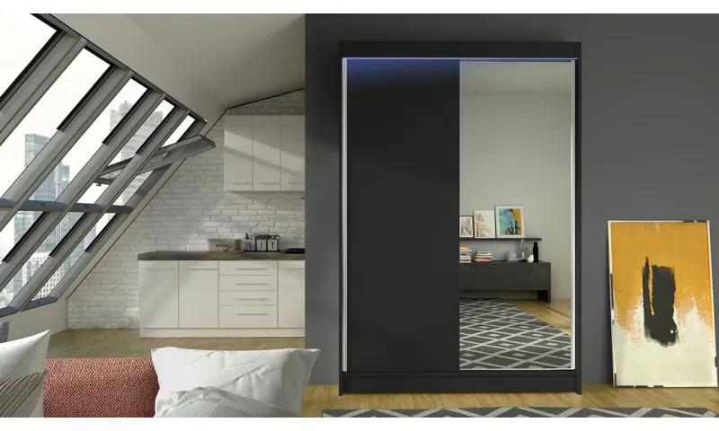 Posuvná skříň se zrcadlem Parys I, Barva: bílá + černá + zrcadlo, Osvětlení: osvětlení LED RGB - barevné