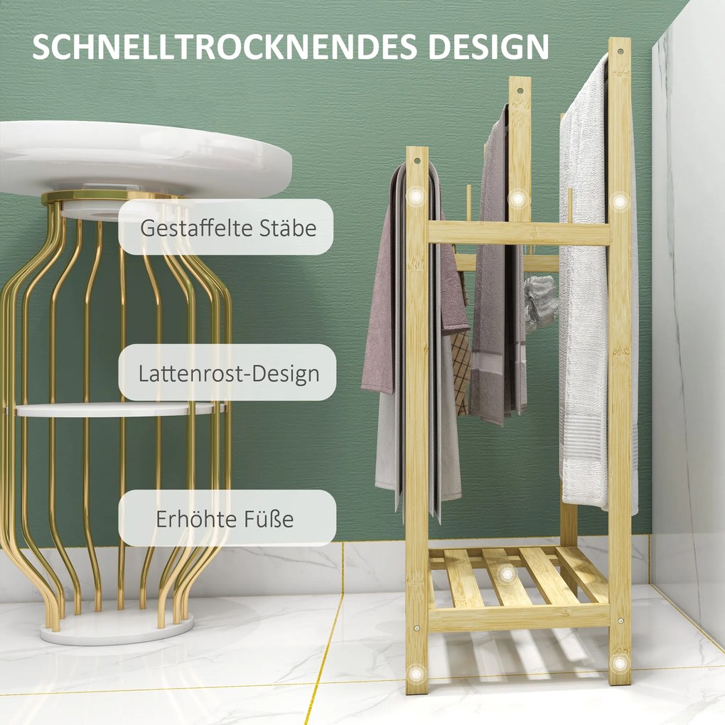 HOMCOM Volně stojící věšák na ručníky, věšák na ručníky se 4 háčky, 3 věšáky na ručníky, věšák na ručníky do koupelny, bambus, přírodní | Aosom