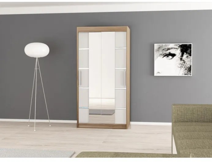 Šatní skříň se zrcadly a posuvnými dveřmi Vivien 100 v barvě dub sonoma-bílá