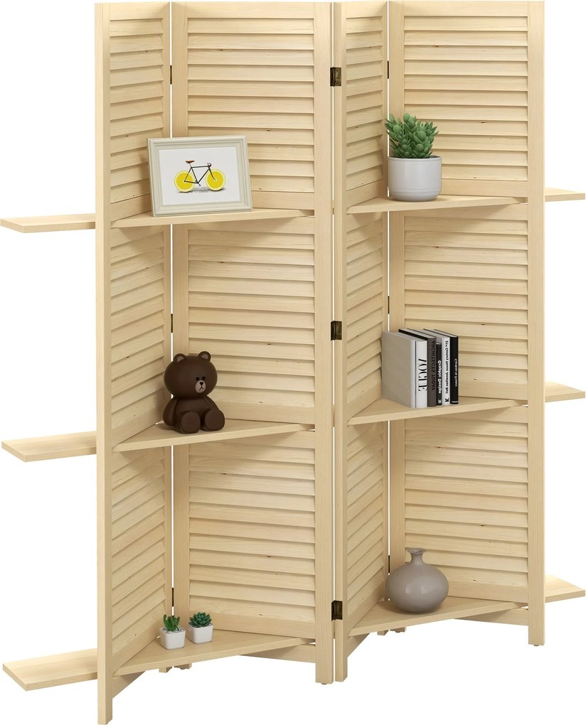 HOMCOM Příčka do interiéru 4 panely 160D x 170V cm 3 skládací police s žaluzkovými dveřmi z přirozeného paulovního dřeva