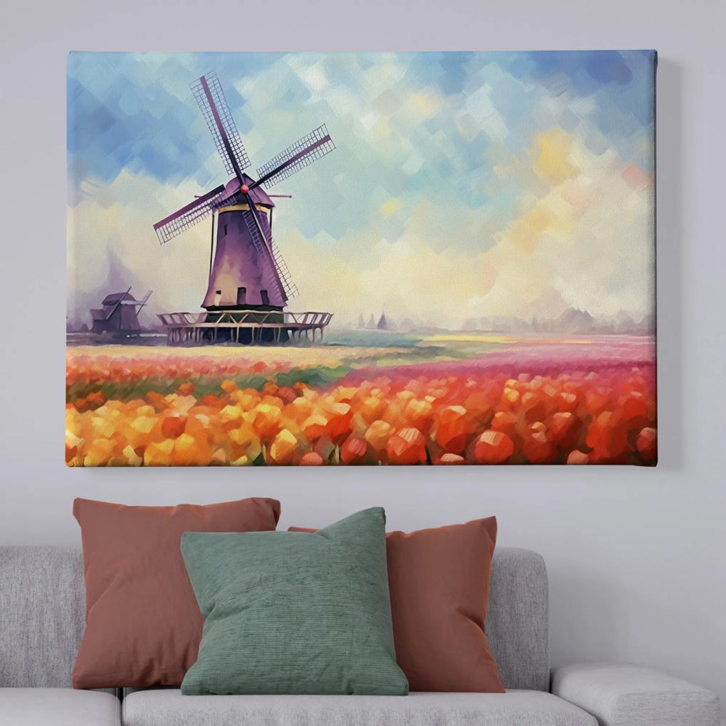 Obraz na plátně - Tulipánové pole s větrným mlýnem FeelHappy.cz Velikost obrazu: 60 x 40 cm