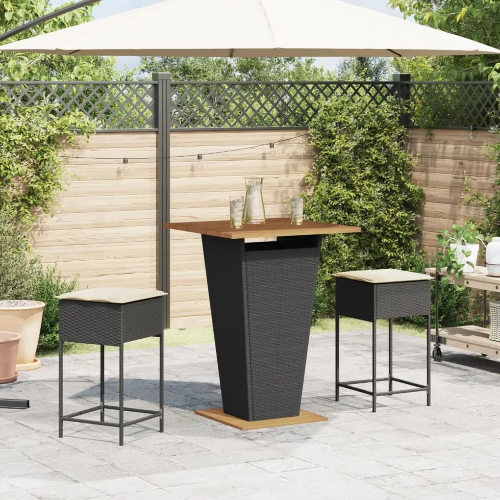 3dílný zahradní barový set s poduškami černý polyratan 3261480