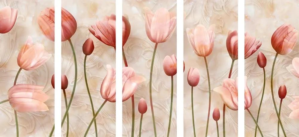 5-dílný obraz starorůžové tulipány - 100x50 cm
