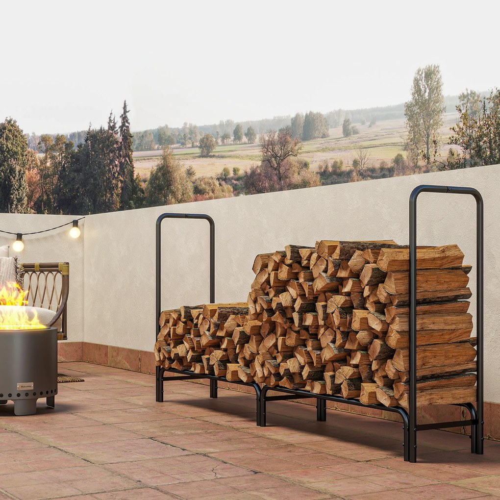 Stojan na palivové dřevo Outsunny 200x36x99 cm nastavitelný s vodoodpudivým krytem na palivové dřevo na zahradě a terase z kovu Černá