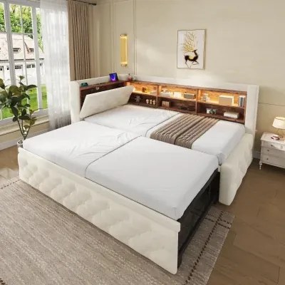 Aosom Rám postele, vysouvací sametová pohovka 90x190 cm, s úložným prostorem, LED světlem, USB a Typ-C, 211 × (91~181) × 84 cm, béžová