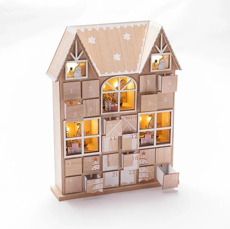 Dřevěný LED adventní kalendář s šuplíčky DOMEK