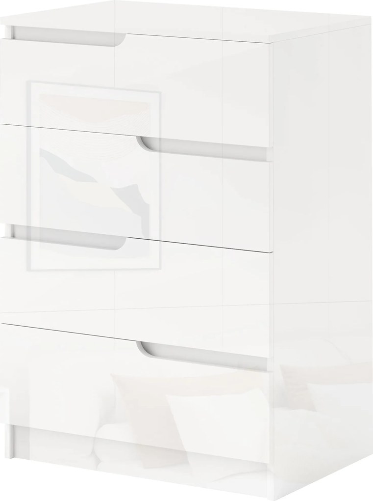 HOMCOM Moderní a minimalistická komoda se 4 šuplíky, dřevovláknitá deska, 60x40x85 cm, lesklá bílá | Aosom