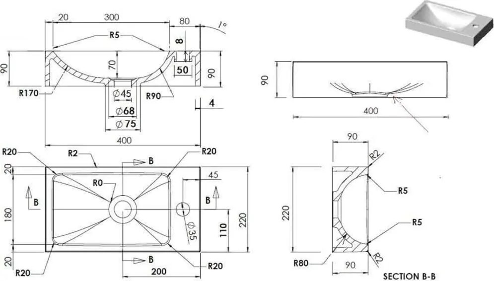 vidaXL Umyvadlo 400 x 220 x 90 mm SMC bílé [146513]