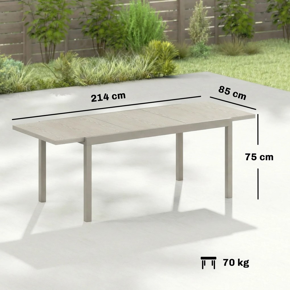 Zahradní stůl Rozkládací hliníkový jídelní stůl 154/214 x 85 cm pro 8-10 osob se světle šedým vzhledem dřeva