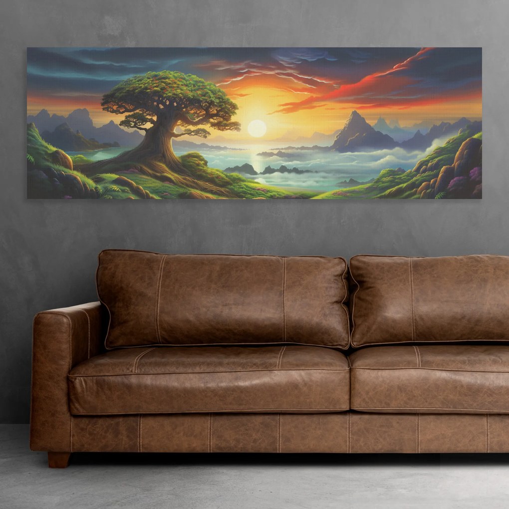Obraz na plátně - Košatý strom života horské panorama FeelHappy.cz Velikost obrazu (šířka x výška): 150 x 50 cm