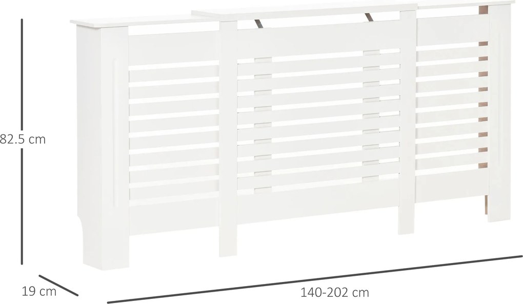 HOMCOM Nastavitelný kryt radiátoru s horní policí z MDF a dřeva, 140-202x19x82,5 cm, bílý