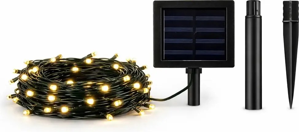 LED venkovní solární světýlka na zahradu, 10 m, teple bílá, 100 diod, černý kabel, IP44, solární panel