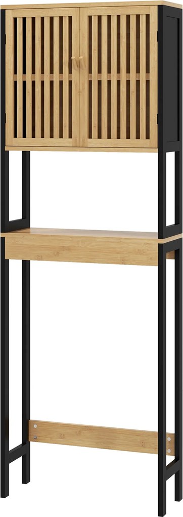 HOMCOM Kleankin Regál nad WC s koupelnovou skříňkou a 2 dveřmi, otevřeným policí 60D x 21,5Š x 172V cm, bambus - Přírodní dřevo a černá