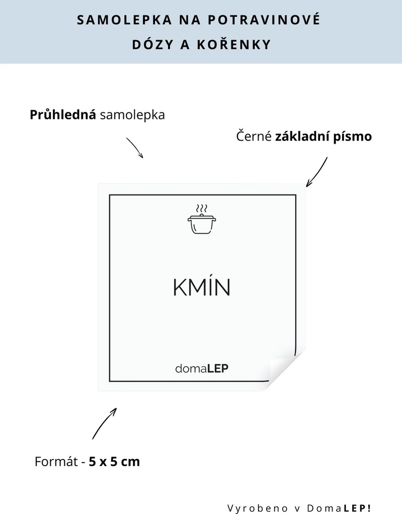 Samolepka na kořenky KMÍN průhledná 5 × 5 cm základní písmo