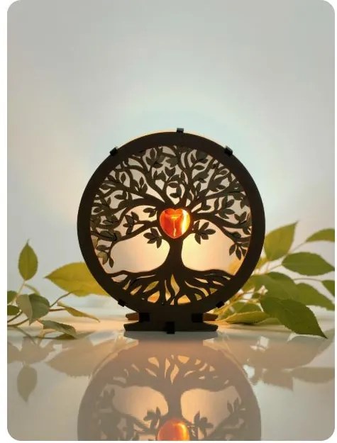 Li-Go "Strom života s podsvíceným achátovým srdcem" dřevěná lampa, černá s patinou  20x22cm