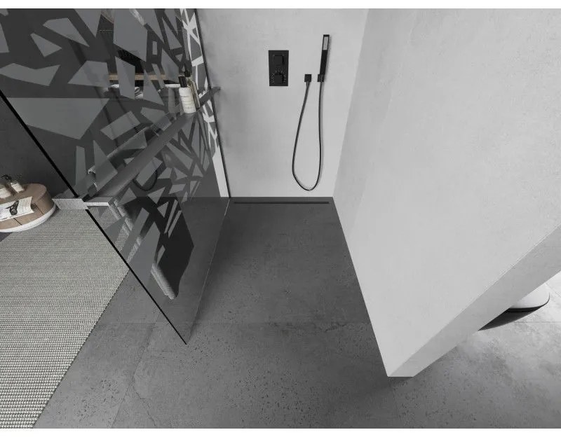 Mexen Kioto+ L, sprchová zástěna Walk-In s poličkou a věšákem 120 x 200 cm, 8mm čiré sklo bílý vzor, grafitový profil, 800-120-123-66-85