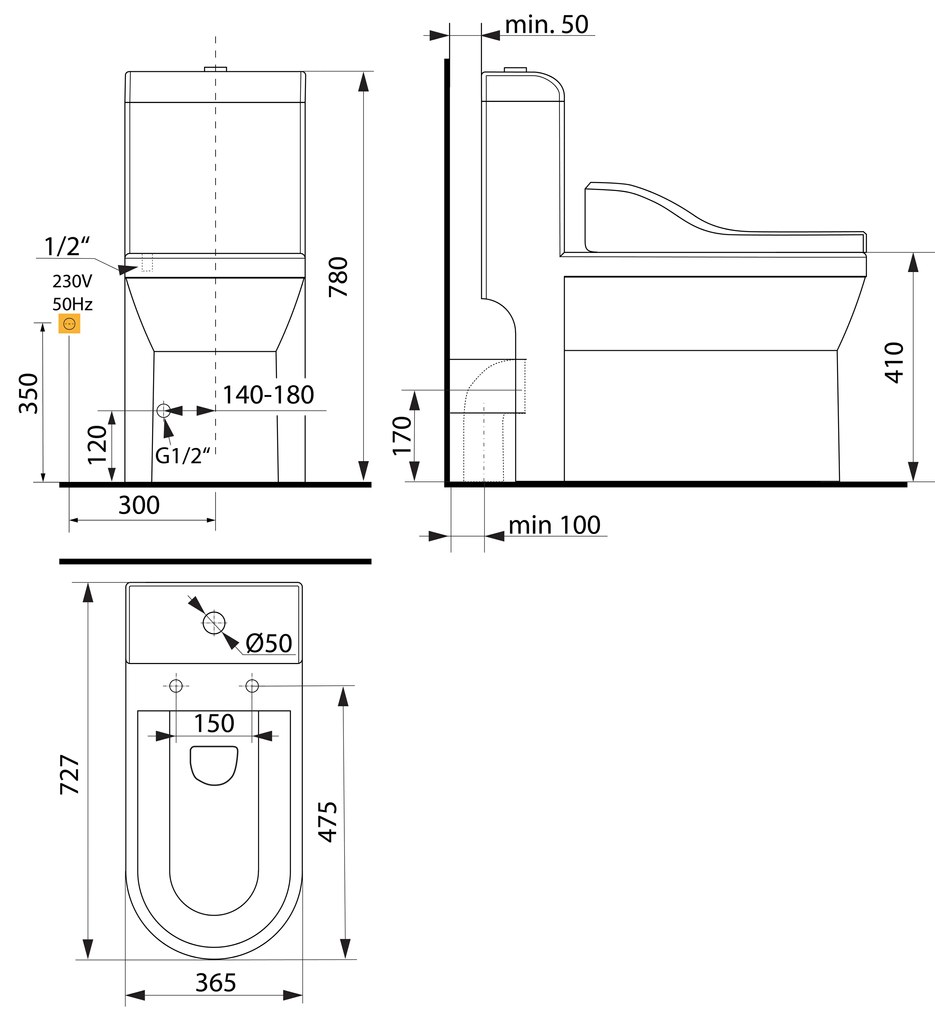 Sapho, HUBERT WC kombi, zadní/spodní odpad s elektronickým bidetem USPA LUX, UB-6635RU-2