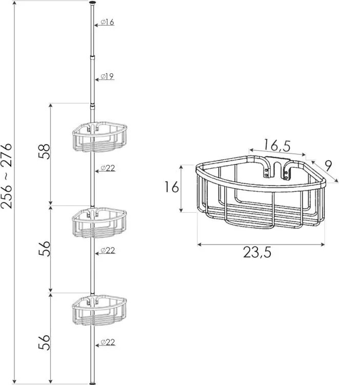 Erga Aluma, teleskopická rohová polička do vany, černá matná, ERG-YKA-CH.ALUMA-BLK
