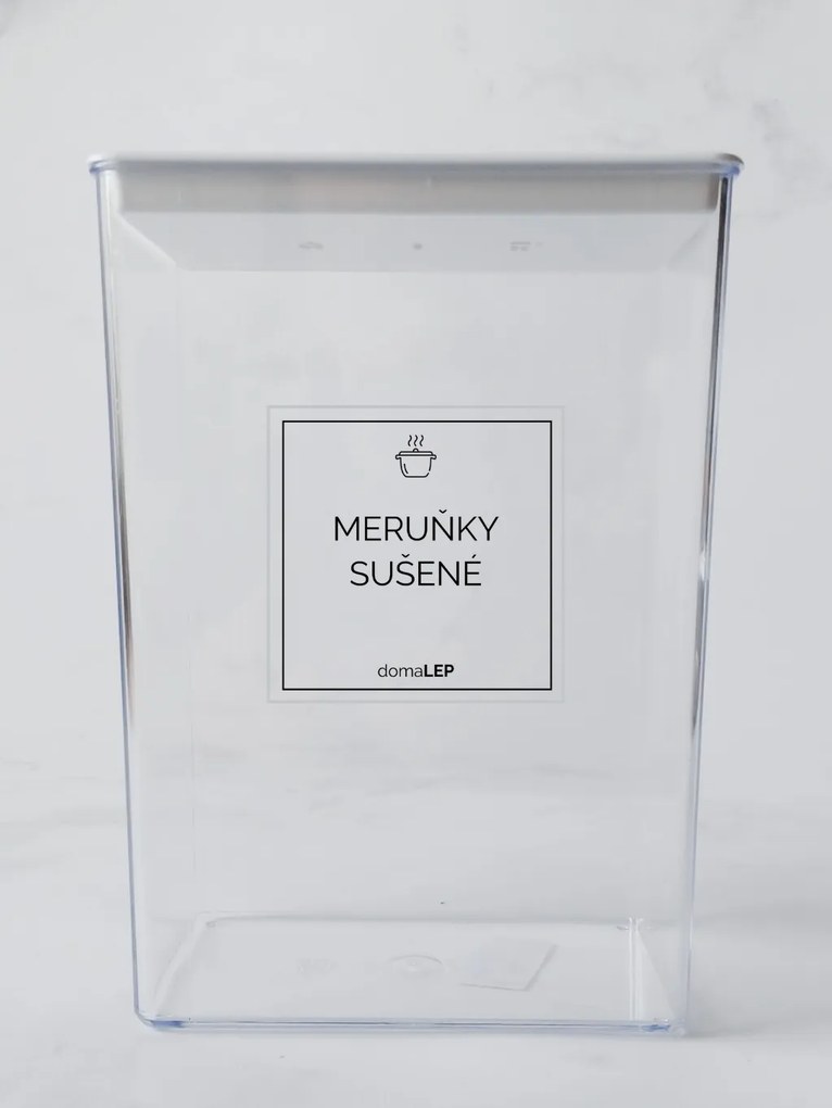 MERUŇKY SUŠENÉ – průhledná samolepka na dózu, základní písmo, 5 x 5 cm | DomaLEP