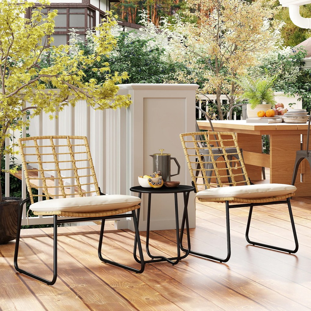 Outsunny 3dílná sada zahradního nábytku, 2 ratanové židle, 1 stůl s kovovou deskou, polštáře na sezení, bistro set, béžová a hnědá barva