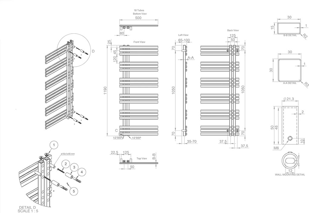 Sapho Vista otopné těleso 500 x 1190 mm broušená nerez NR613