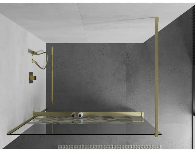 Mexen Kioto+, sprchová zástěna Walk-In s poličkou a věšákem 80 x 200 cm, 8mm čiré sklo bílý vzor, zlatý matný profil, 800-080-121-55-85