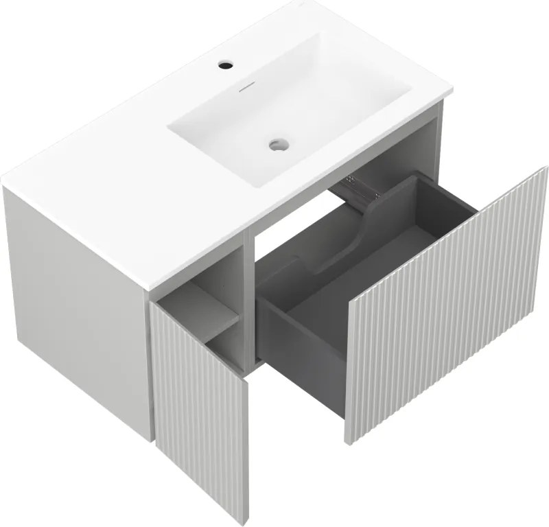 Mexen Rivel, koupelnová skříňka 90 cm s pravým umyvadlem Otis, 1S, 1D, drážkovaná, šedá matná/bílá matná - 91A23-09047-3-BBFF62-W18P01