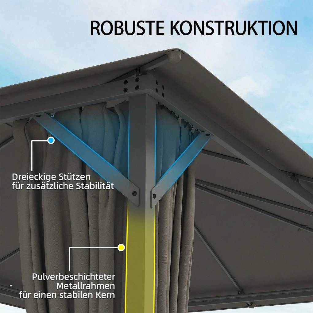 Pavilon cca 4x3m Vodoodpudivý Stabilní Zimovzdorný Zahradní pavilon s moskytiérou 4 boční panely Větrání Odtokové otvory