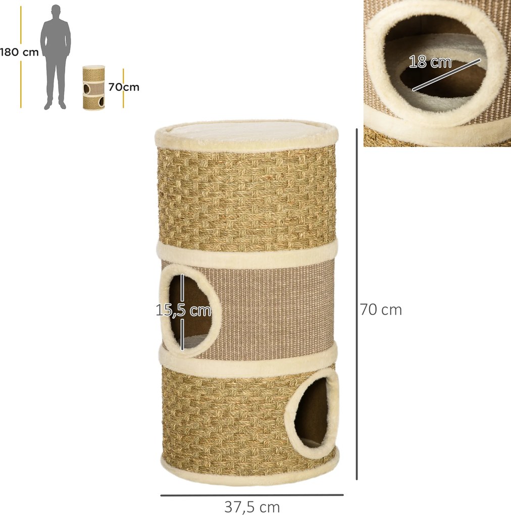 PawHut škrabadlo pro kočky 3 úrovně se sisalem a plyšem 37,5x37,5x70cm ideální pro milovníky koček