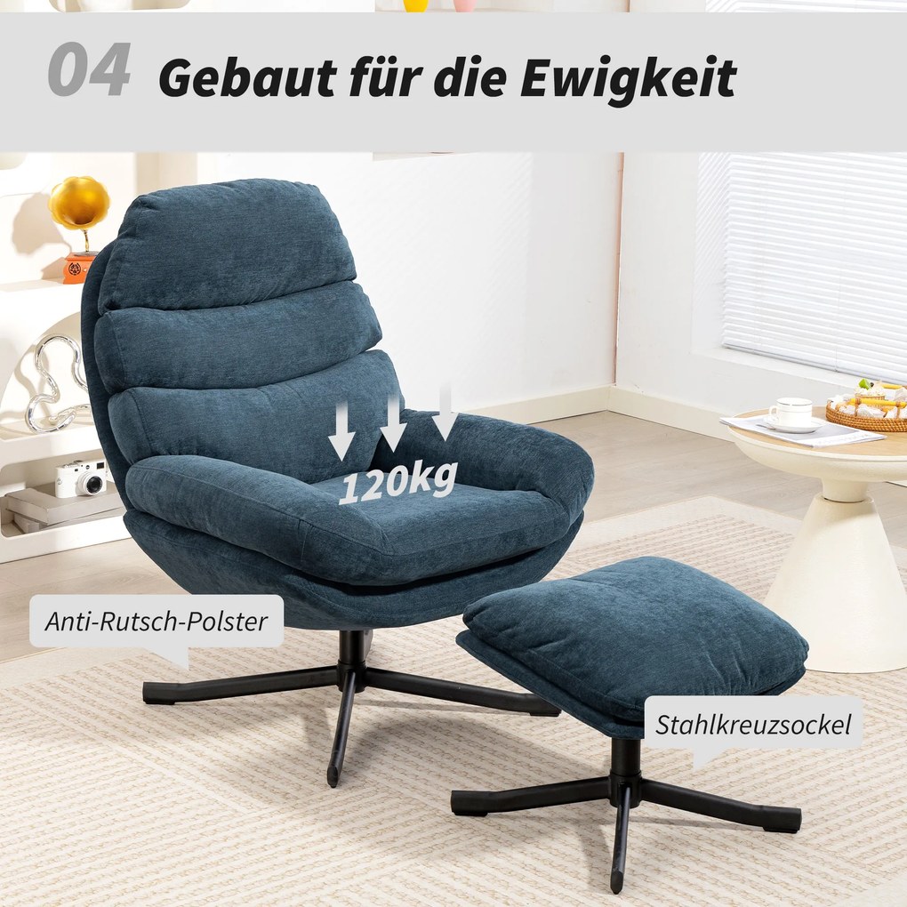 HOMCOM Relaxační křeslo s podnožkou, křeslo, lounge křeslo s čalouněním z chenille, moderní televizní křeslo, 78 x 93 x 100 cm, modrá